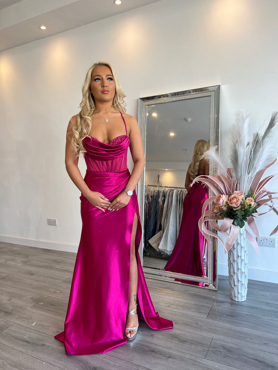 Barbie satin corset with beaded bust prom dress 4 colours Deja Elite Boutique