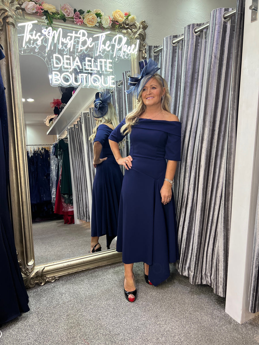Lorelle asymmetric hemline Bardot midi skater dress in navy – Deja Elite Boutique
