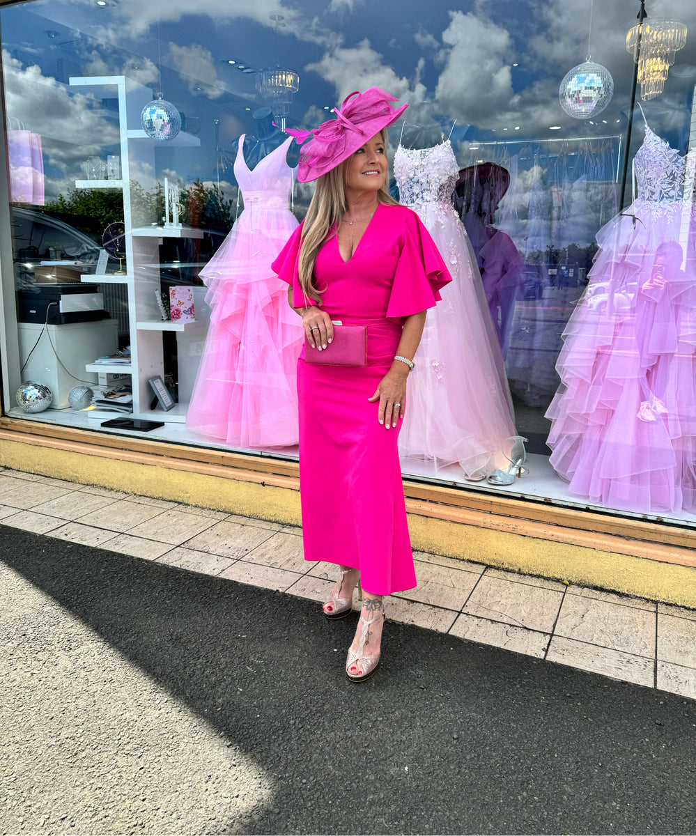 Kevan Jon Tilly frill midi dress in flo pink – Deja Elite Boutique