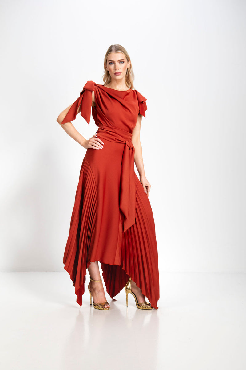 Kevan Jon Emilia pleat dress in rust – Deja Elite Boutique