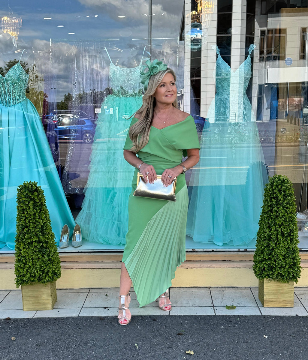 Kevan Jon Koran pleat knee midi dress in pistachio – Deja Elite Boutique