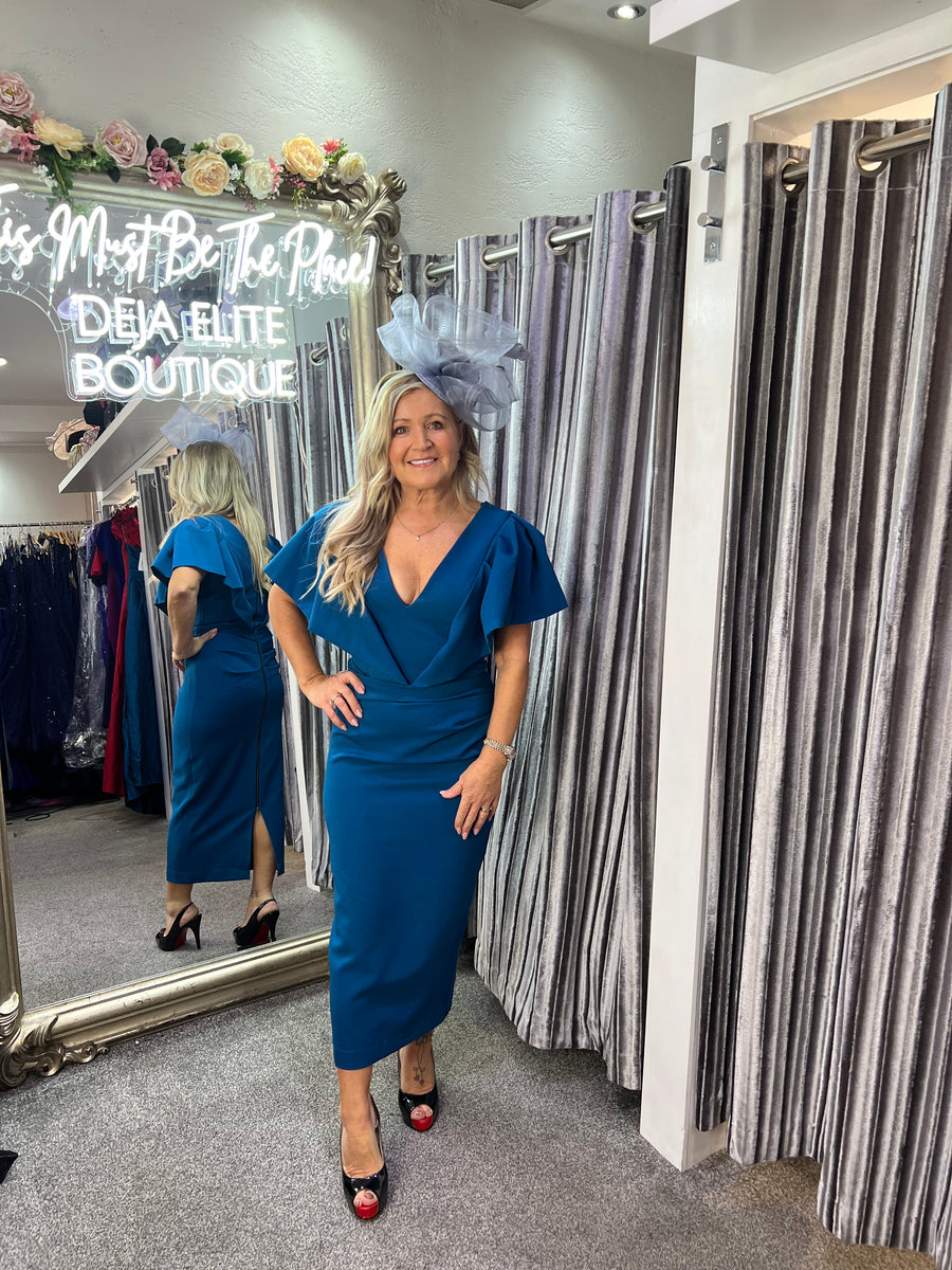 Kevan Jon Karolina frill midi dress teal – Deja Elite Boutique