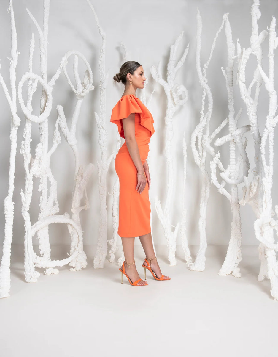 Kevan Jon Karolina frill midi dress orange – Deja Elite Boutique
