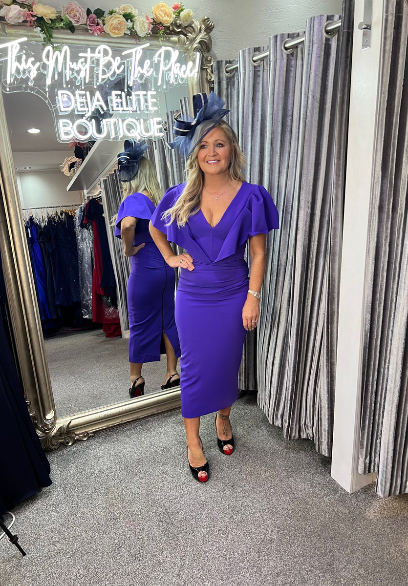Kevan Jon Karolina frill midi dress violet – Deja Elite Boutique